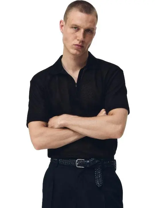 H&m Regular Fit Hole-knit Polo Shirt - Black