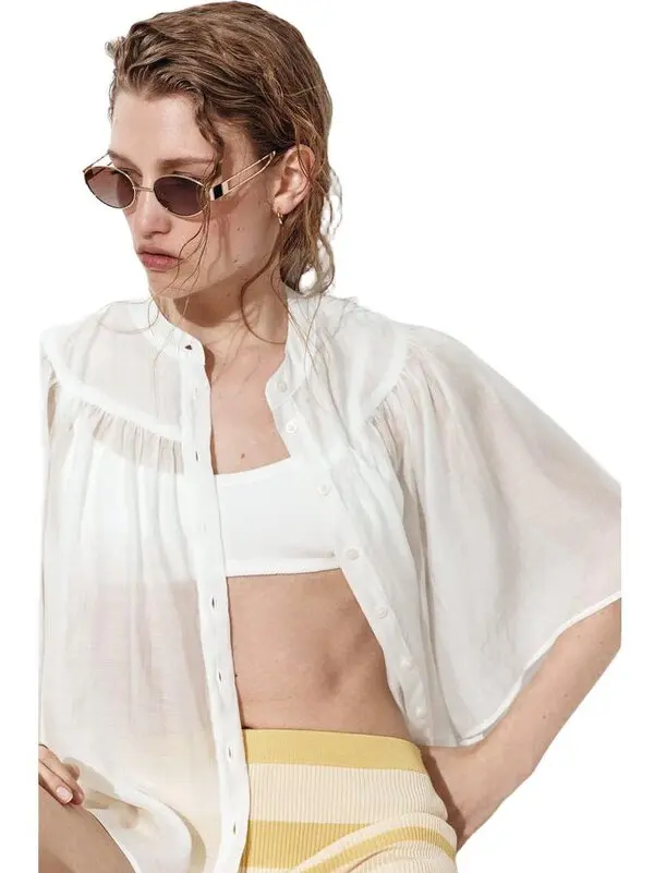 H&m Butterfly Sleeve Blouse With Band Collar - White
