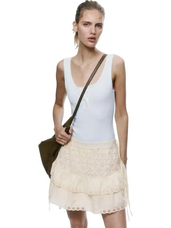 H&m Broderie Anglaise Cotton Mini Skirt - Cream