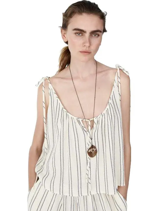H&m Striped Oversized Top With Tie Shoulder Straps - Light Beige/striped
