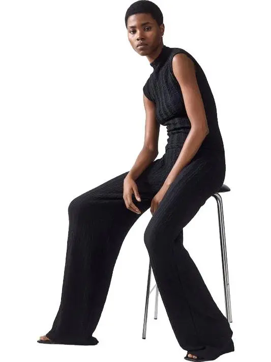 H&m Textured Jersey High Waist Straight Leg Pants - Black