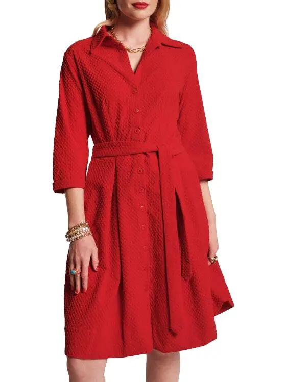 FRANCES VALENTINE Bellini Midi Waffle Weave Shirt Dress - Red