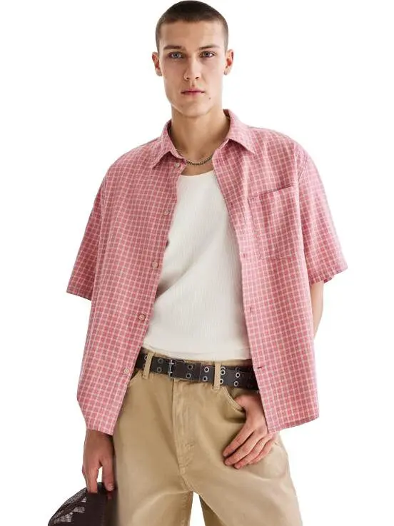 H&m Relaxed Fit Short-sleeved Cotton Shirt - Pink/checked