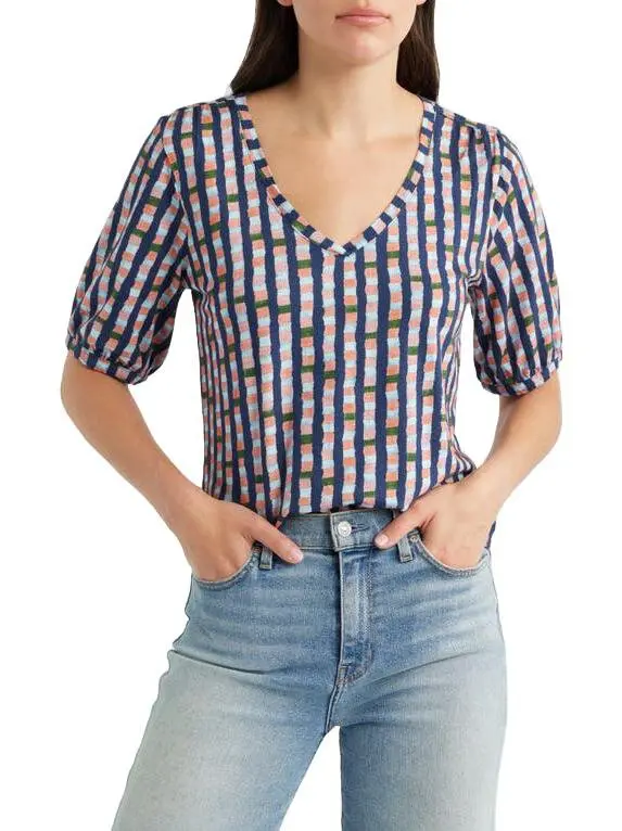 NIC+ZOE Striped Cotton & Modal V-neck Top - Indigo Multi
