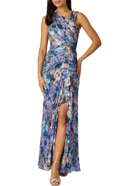 Adrianna Papell Floral Metallic Crinkle Asymmetric Neck Gown - Blue Multi
