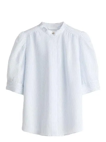H&m Puff-sleeved Blouse With Band Collar - Blue/striped
