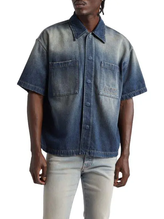 Amiri 3d Logo Short Sleeve Snap-up Denim Shirt - Sandstone