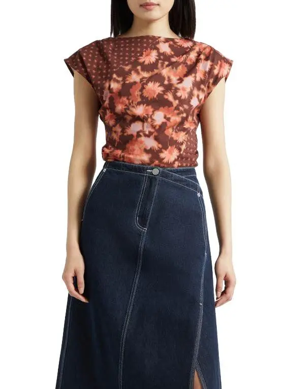 3.1 Phillip Lim Desert Floral Patchwork Cap Sleeve Cotton Top - Rust Multi