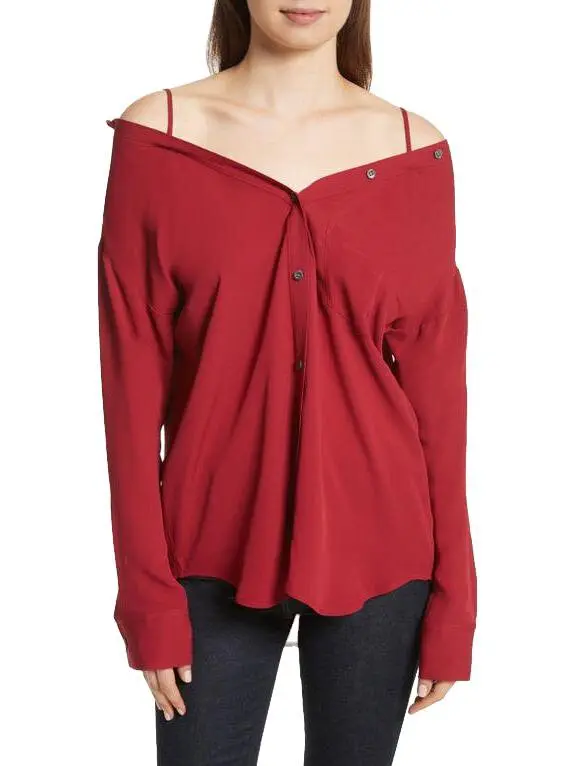 Theory Silk Off-the-shoulder Shirt - Bright Raspberry