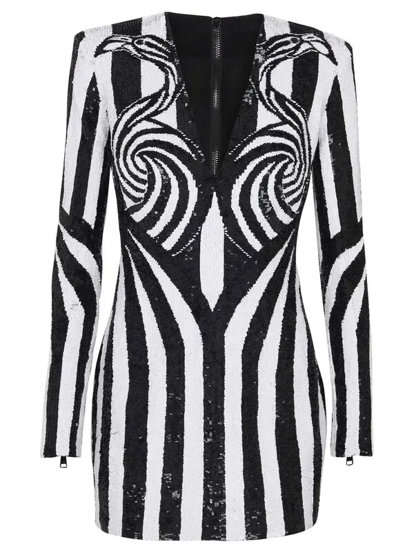 Balmain Ls Embroidered Stripe Short Dress - Black