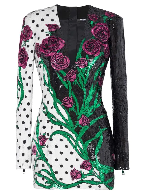 Balmain Embroidered Roses And Polka Dots Mini Dress - Multicolor