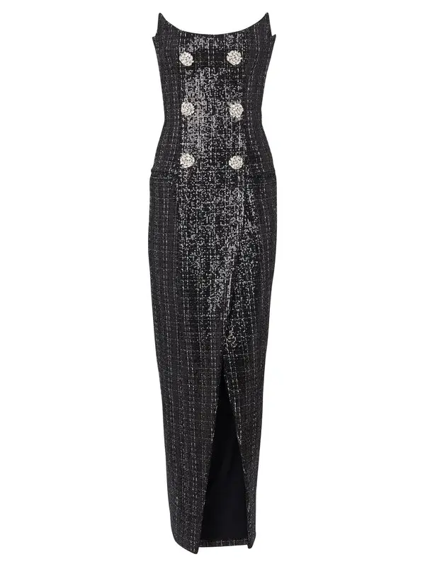 Balmain Strapless Glitter Tweed Maxi Dress - Black