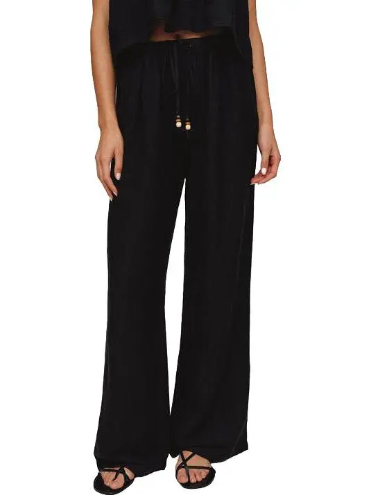Bella Dahl Beaded Drawstring Linen Blend Wide Leg Beach Pants - Black