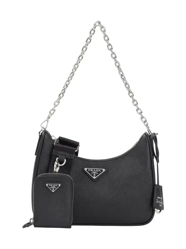 Prada Saffiano Leather Shoulder Bag With Chain Strap And Detachable Pouch - Black