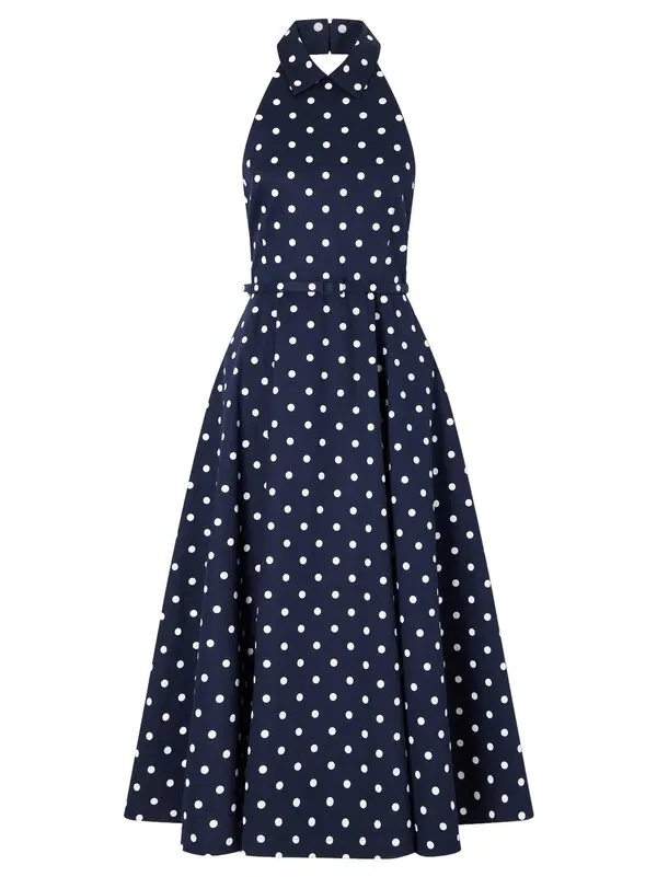 Carolina Herrera Belted Halter-neck Polka-dot Cotton-blend Twill Midi Dress - Blue