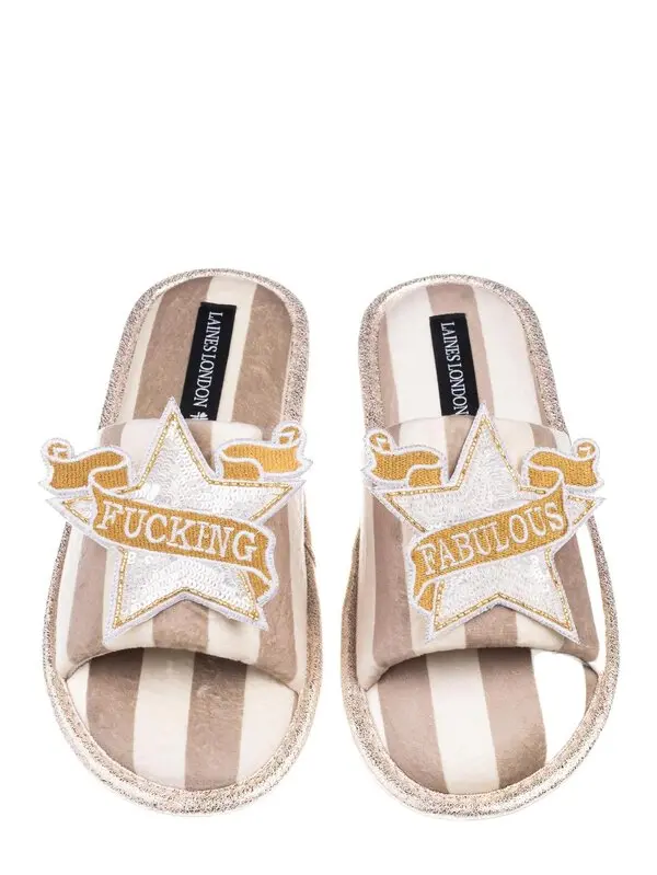 LAINES LONDON Flatform Stripe Open Toe Slippers With "fucking Fabulous" Brooches - Brown/white