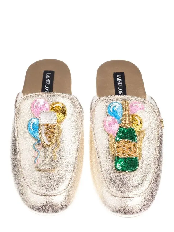 LAINES LONDON Classic Mules With Birthday Bubbles Brooches - Gold