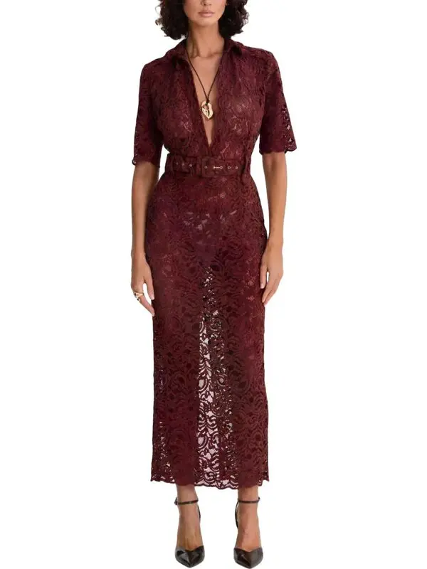 MOOS STUDIO Belted Lace Midi Dress - Red