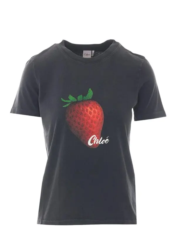Chloé Short Sleeve Crewneck T-shirt With Strawberry Graphic - Black