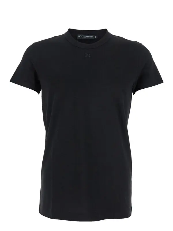Dolce & Gabbana Crewneck T-shirt With Tonal Logo Lettering Embroidery On The Front In Cotton Stretch - Black