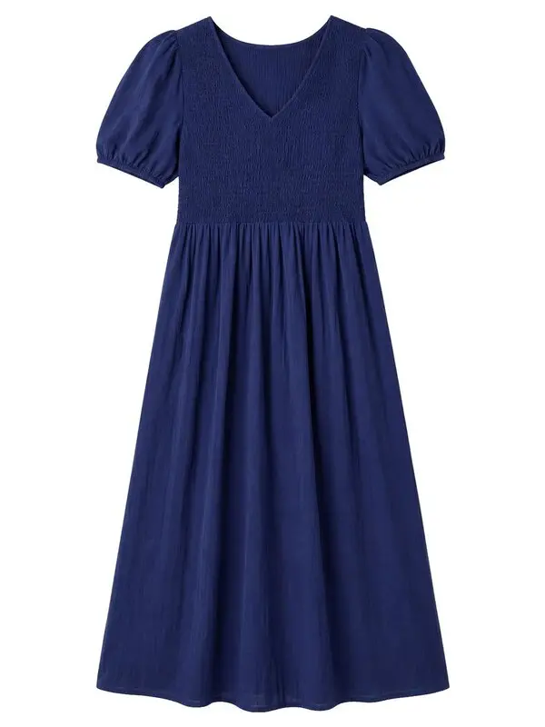 YUMI Double Cotton Ruched Midi Dress - Blue