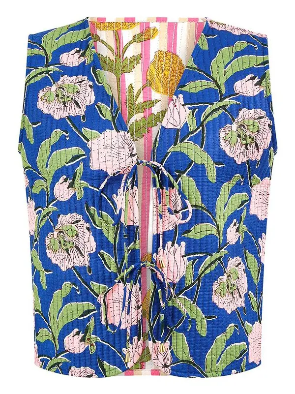 YUMI Reversible Quilted Cotton Waistcoat With Floral Print - Blue