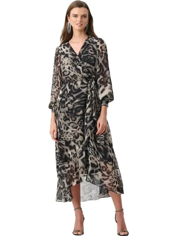 Joseph Ribkoff Chiffon Printed Fit And Flare Wrap Dress - Grey/multi