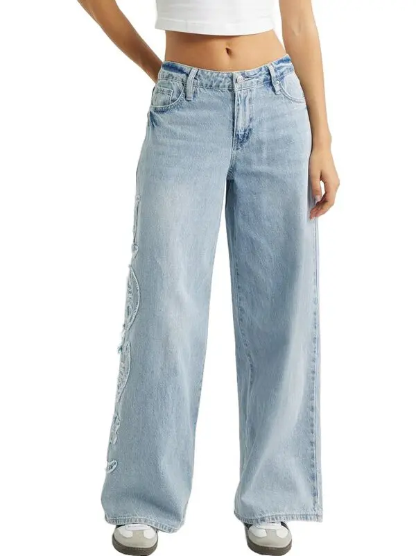 YMI Joey Super Wide Leg Jeans With Love Appliqu - Light Blue