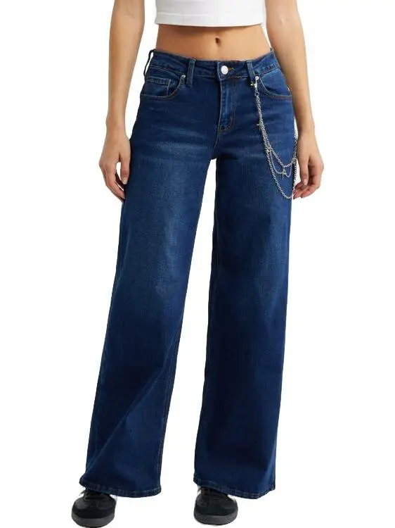 YMI Joey Baggy Wide Leg Jeans With Chain Accent - Dark Blue