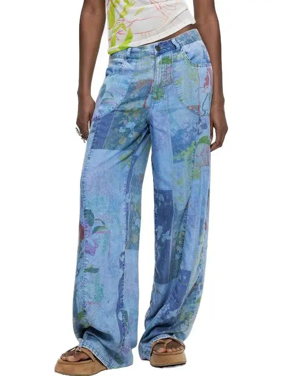 Desigual Mixed Print Denim Pants - Light Blue
