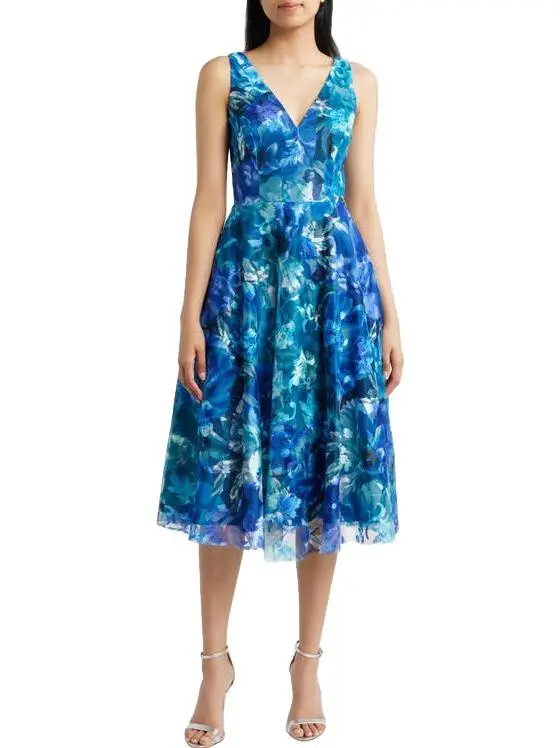 Eliza J Embroidered Sleeveless V-neck Fit & Flare Cocktail Dress - Teal