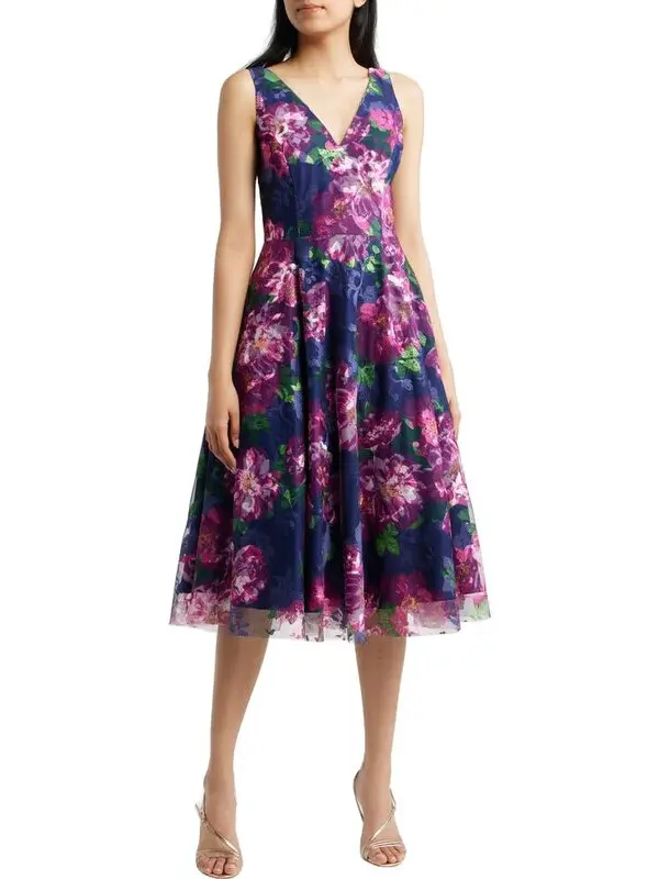 Eliza J Floral Print Sleeveless V-neck Cocktail Dress - Navy Multi