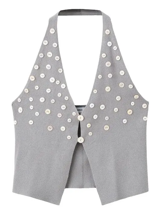 Mango Button Embellished Plunge Neck Halter Tank - Medium Heather Grey