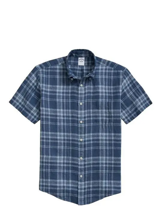 Brooks Brothers Irish Linen Polo Button Down Collar, Plaid Short-sleeve Shirt - Blue