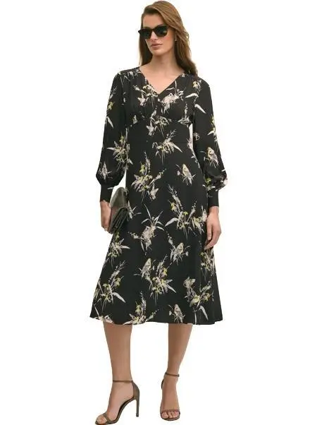 Brooks Brothers Viscose Fit & Flare Bird Print Dress - Black