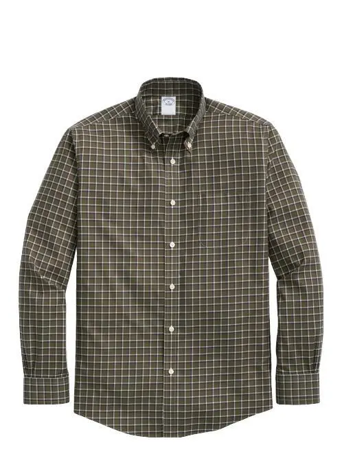 Brooks Brothers Stretch Supima Cotton Non-iron Twill Polo Button Down Collar Windowpane Shirt - Olive