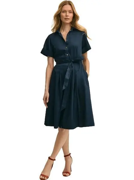 Brooks Brothers Cotton Sateen Belted Shirt Dress With Cuffed Short Sleeves - Navy