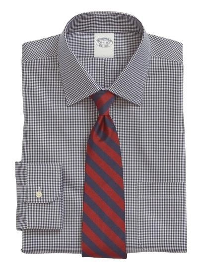Brooks Brothers Stretch Supima Cotton Non-iron Pinpoint Oxford Ainsley Collar, Gingham Dress Shirt - Navy