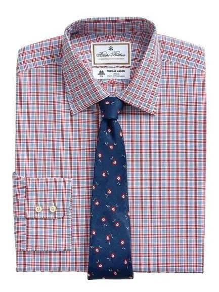 Brooks Brothers X Thomas Mason Cotton Poplin Ainsley Collar, Check Dress Shirt - Red