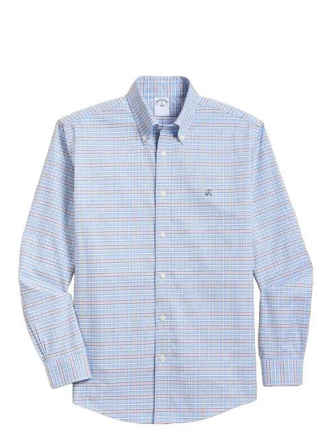 Brooks Brothers Stretch Non-iron Cotton-oxford Polo Button-down, Check Sport Shirt - Vista Blue