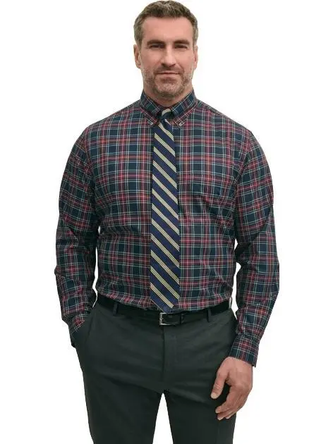 Brooks Brothers Big & Tall Stretch Cotton Non-iron Twill Polo Button Down Collar, Tartan Shirt - Hydrangea