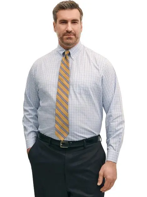 Brooks Brothers Big & Tall Stretch Cotton Non-iron Pinpoint Polo Button Down Collar, Tattersall Dress Shirt - Blue