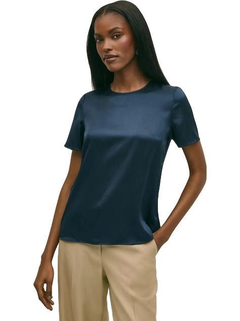 Brooks Brothers Short-sleeve Top In Washable Silk Charmeuse - Navy
