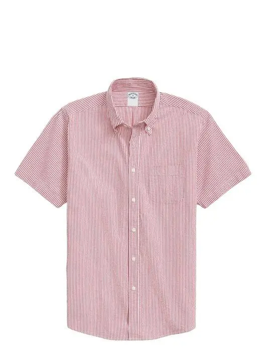 Brooks Brothers Washed Cotton Seersucker Button-down Collar, Stripe Short-sleeve Sport Shirt - Red
