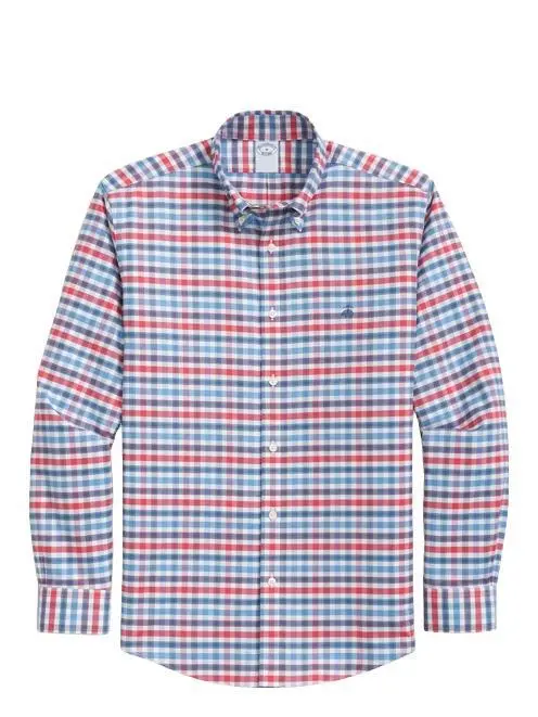 Brooks Brothers Stretch Cotton Non-iron Oxford Polo Button Down Collar, Bold Check Shirt - Red