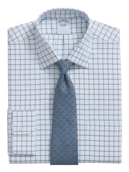 Brooks Brothers Explorer Collection Non-iron Twill Ainsley Collar, Windowpane Dress Shirt - Blue