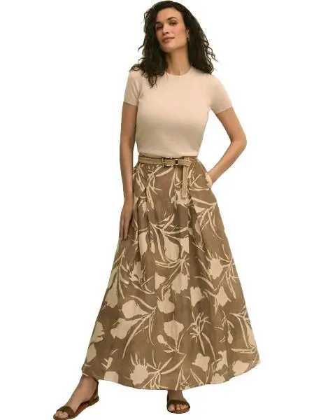 Brooks Brothers Linen-blend Pleated Floral A-line Skirt - Khaki