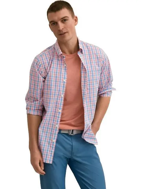 Brooks Brothers Performance Series Stretch Polo Button-down Collar, Check Sport Shirt - Peach