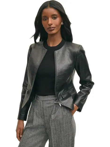 Brooks Brothers Leather Croc-embossed Collarless Jacket - Black