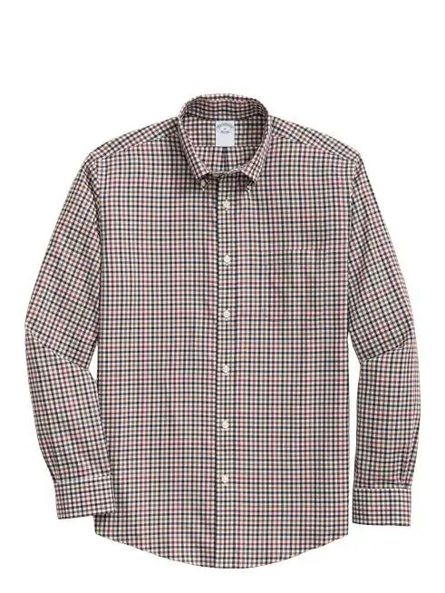 Brooks Brothers Stretch Supima Cotton Non-iron Twill Polo Button Down, Check Sport Shirt - Brown